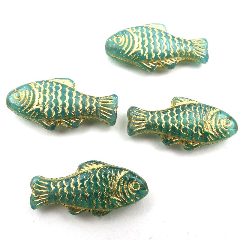 Glass Charms - Fish - Teal and Gold - Set of 4 — Hobby Island UK